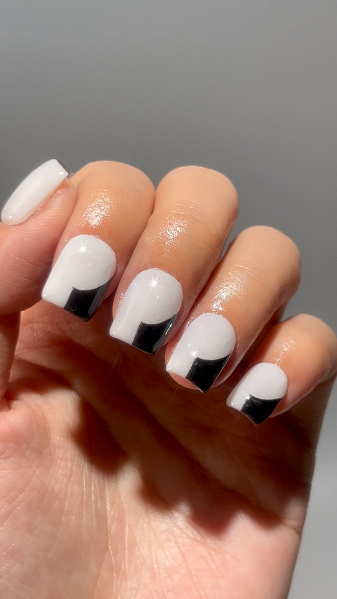 Black Curve Block Dipping French Tip Nails | Alabaster White Onyx Black ...